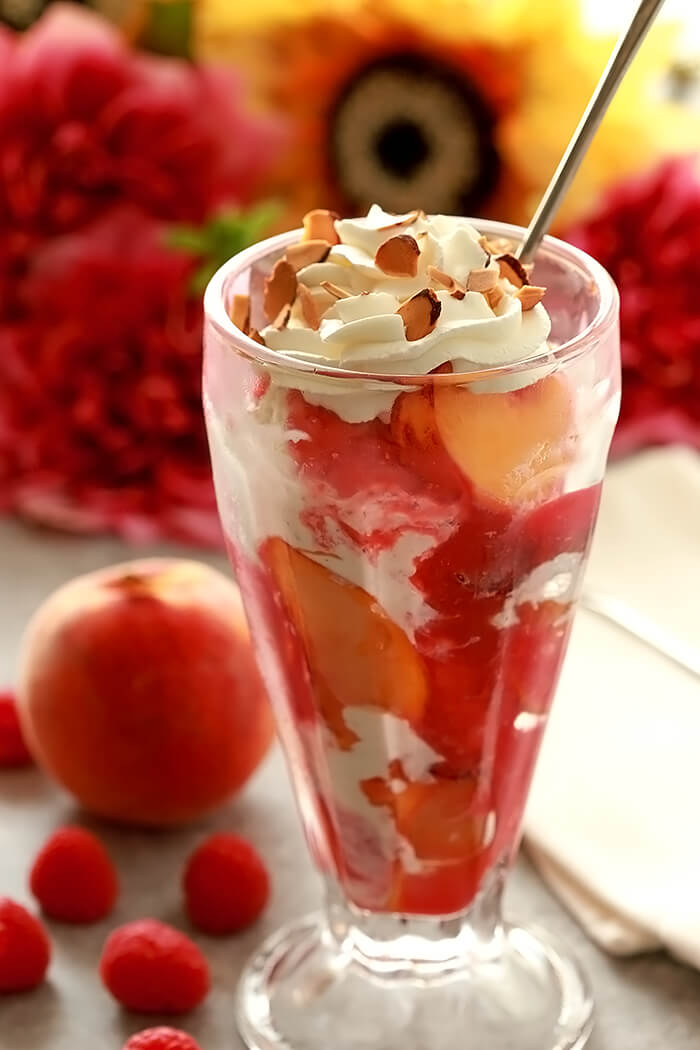 Peach Melba Ice Cream Sundae with Toasted Almonds - Creative Culinary